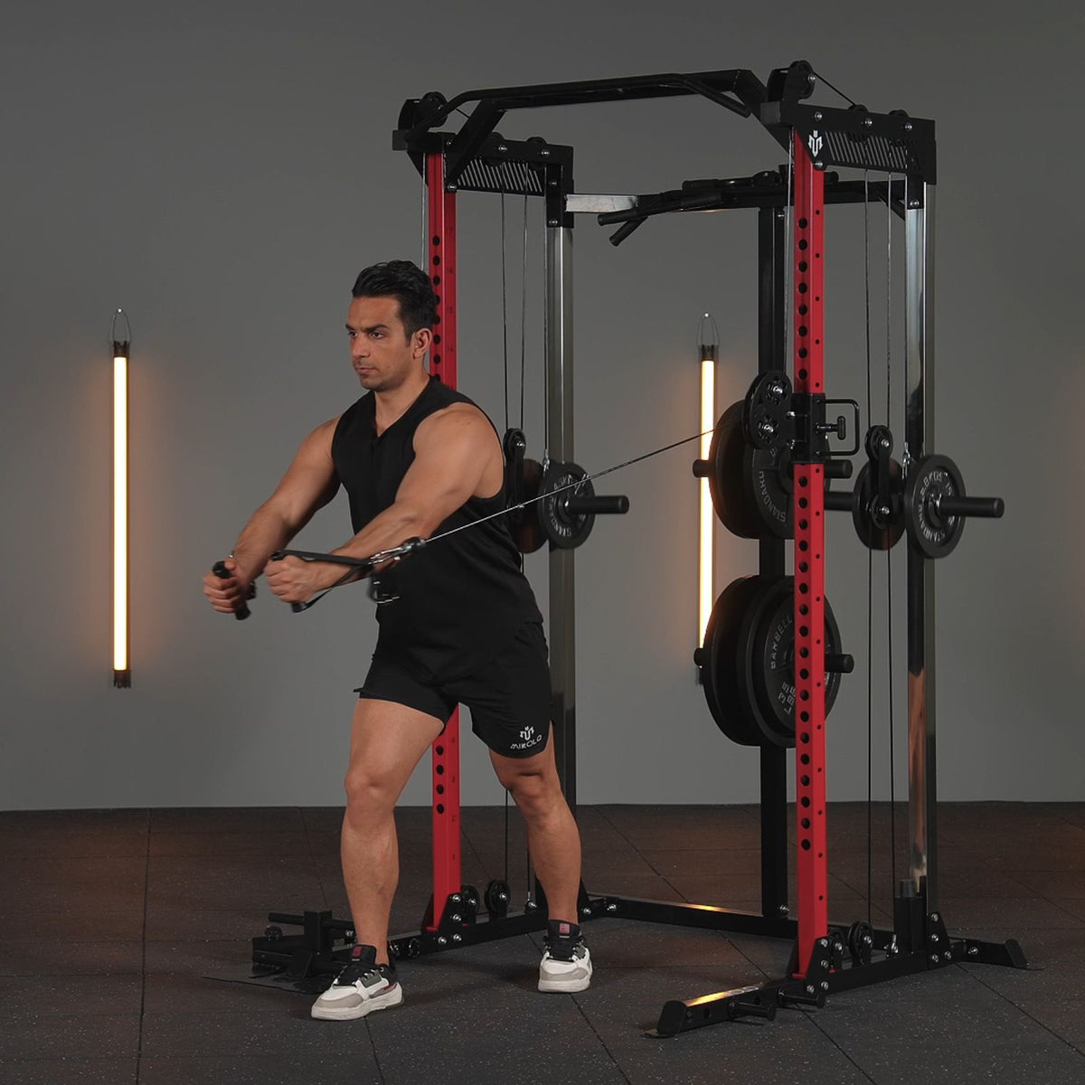 HR05 Half Rack and Functional Trainer Combo, Black, Red - MIKOLO